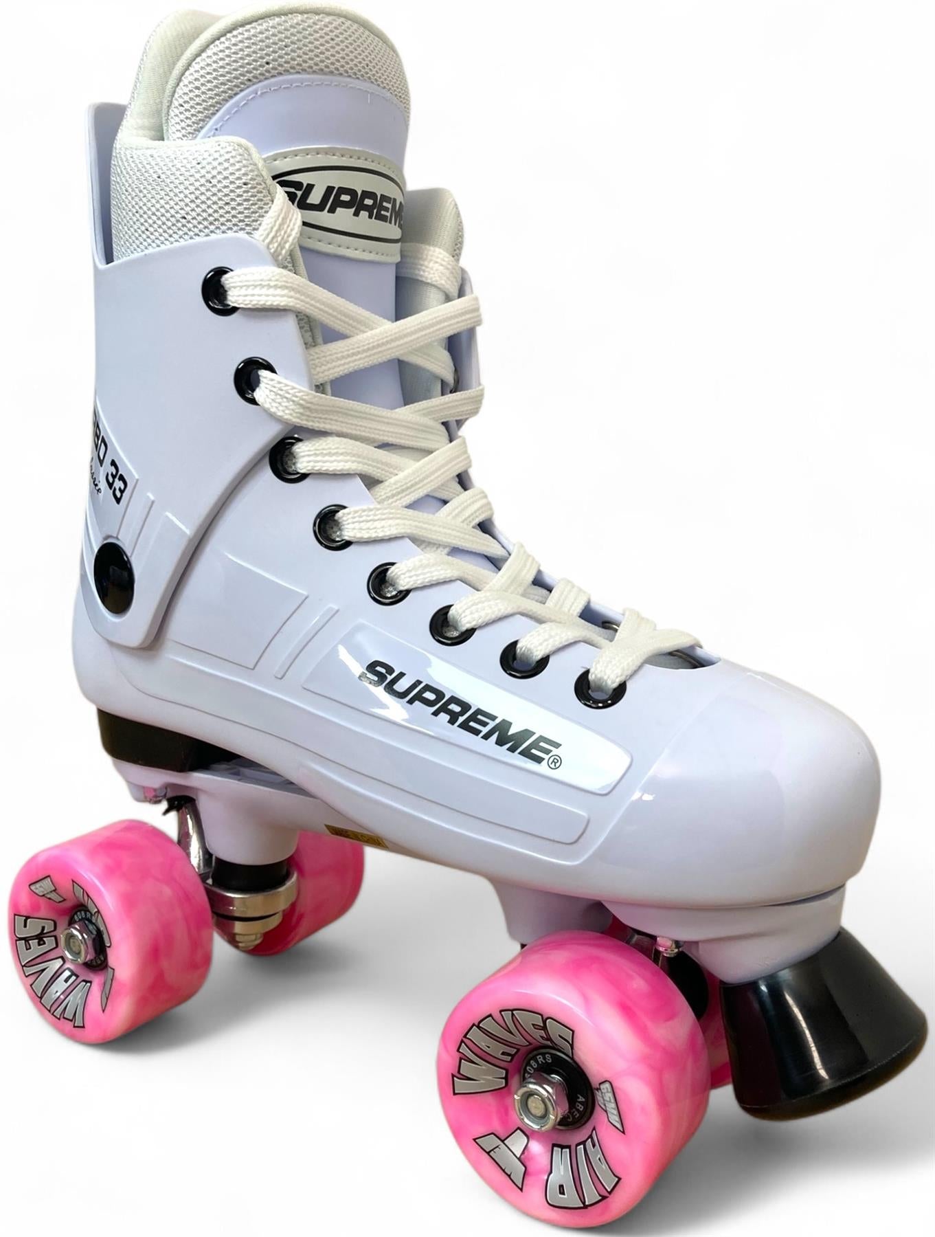 Supreme Turbo 33 Nylon Quad Roller Skates - White / Pink Swirl Wheels ...