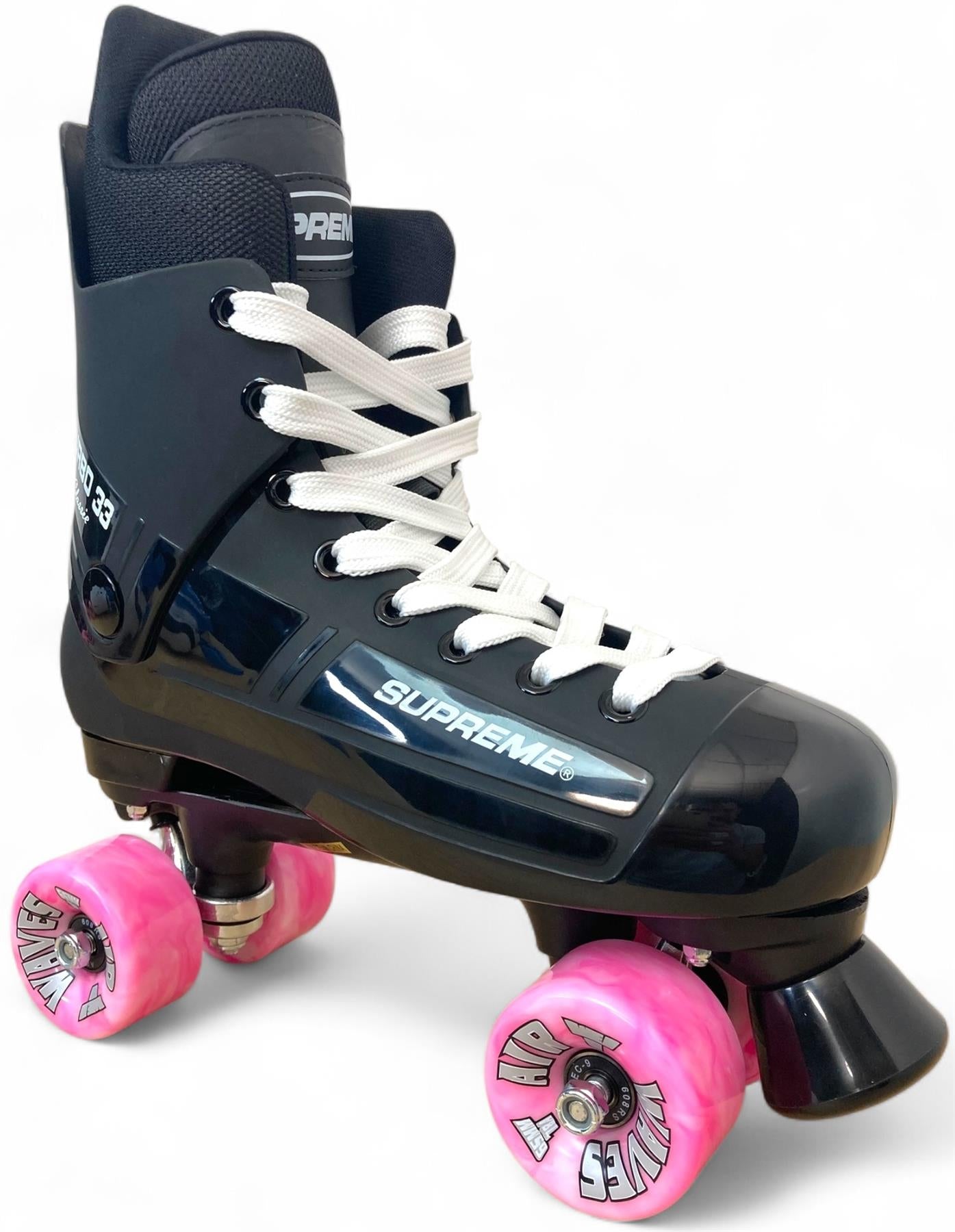Supreme Turbo 33 Nylon Quad Roller Skates - Black / Pink Swirl Wheels ...